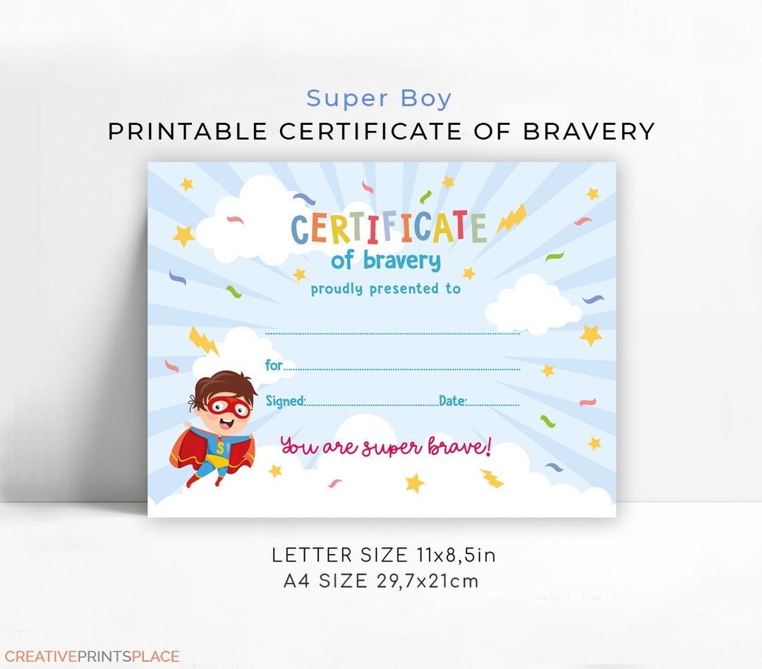 Super Hero Boy Printable Certificate of Bravery, Certificate for Kids ...
