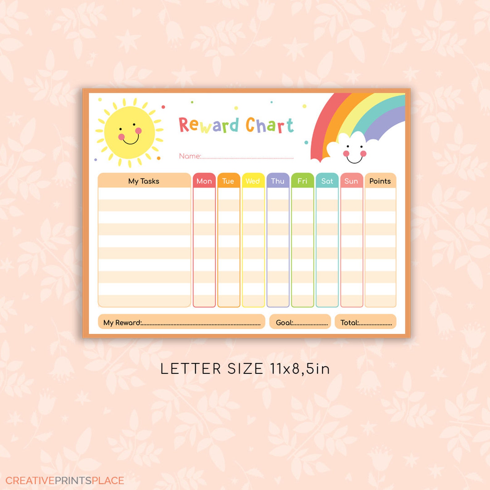 Rainbow & Sunshine Printable Reward Chart for Kids, Girls Chore Chart ...