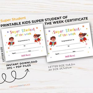Student of the Week Certificate: Printable Classroom Award (digital ...
