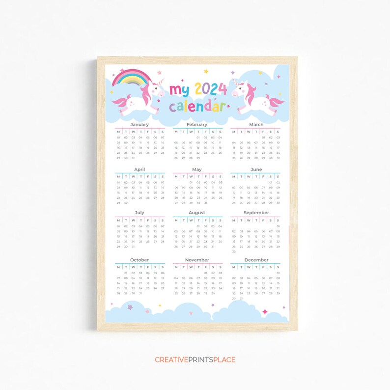 PRINTABLE Cute Unicorn Calendar 2024, Kids Yearly Wall Calendar ...