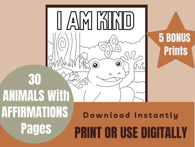 Animals With Affirmations Coloring Book for Kids 30 Pages Printable ...