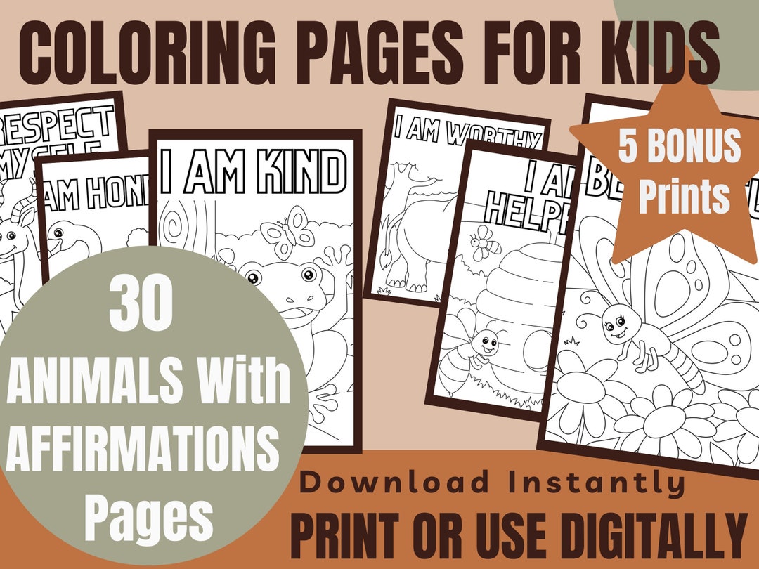 Animals With Affirmations Coloring Book for Kids 30 Pages Printable ...