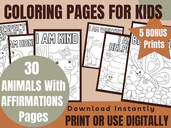 Animals With Affirmations Coloring Book for Kids 30 Pages - Etsy