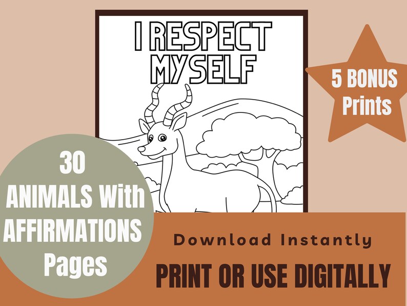 Animals With Affirmations Coloring Book for Kids 30 Pages Printable ...
