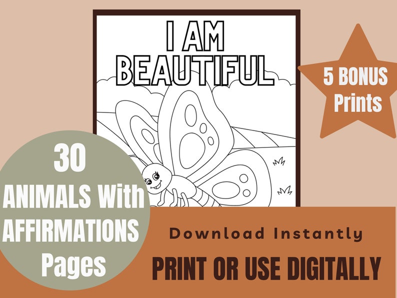 Animals With Affirmations Coloring Book for Kids 30 Pages Printable ...