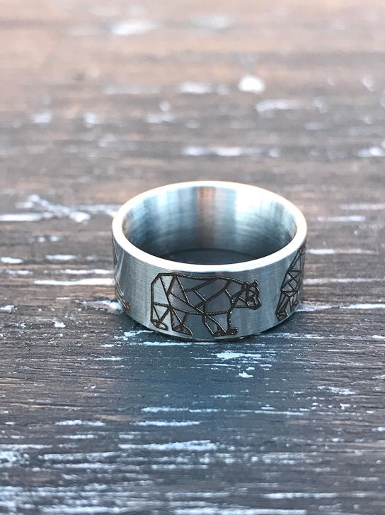 Origami Bear Laser Engraved Stainless Steel Unique Stylish Ring Width ...