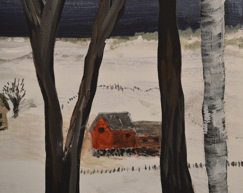 Original Art/night Winter Scene/farm/night Landscape/ Birch Trees ...