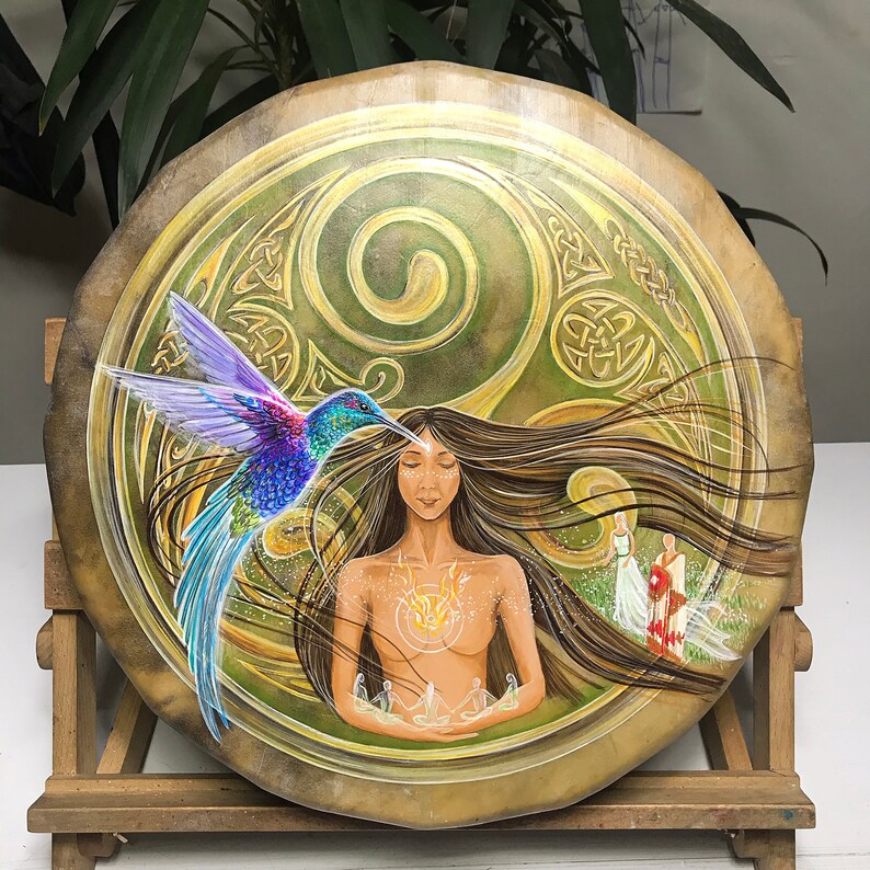 Custom Shamanic Drum Gold Woman Hummingbird Ancestors - Etsy