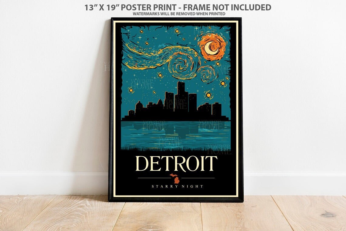 Detroit Poster Detroit Michigan Print Detroit Starry Night Poster ...