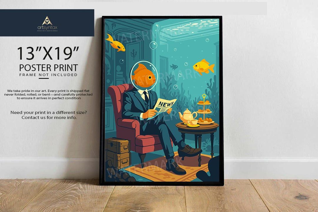 Underwater Gentleman Fish Art Print – 13x19" Surreal Tea Time Scene ...