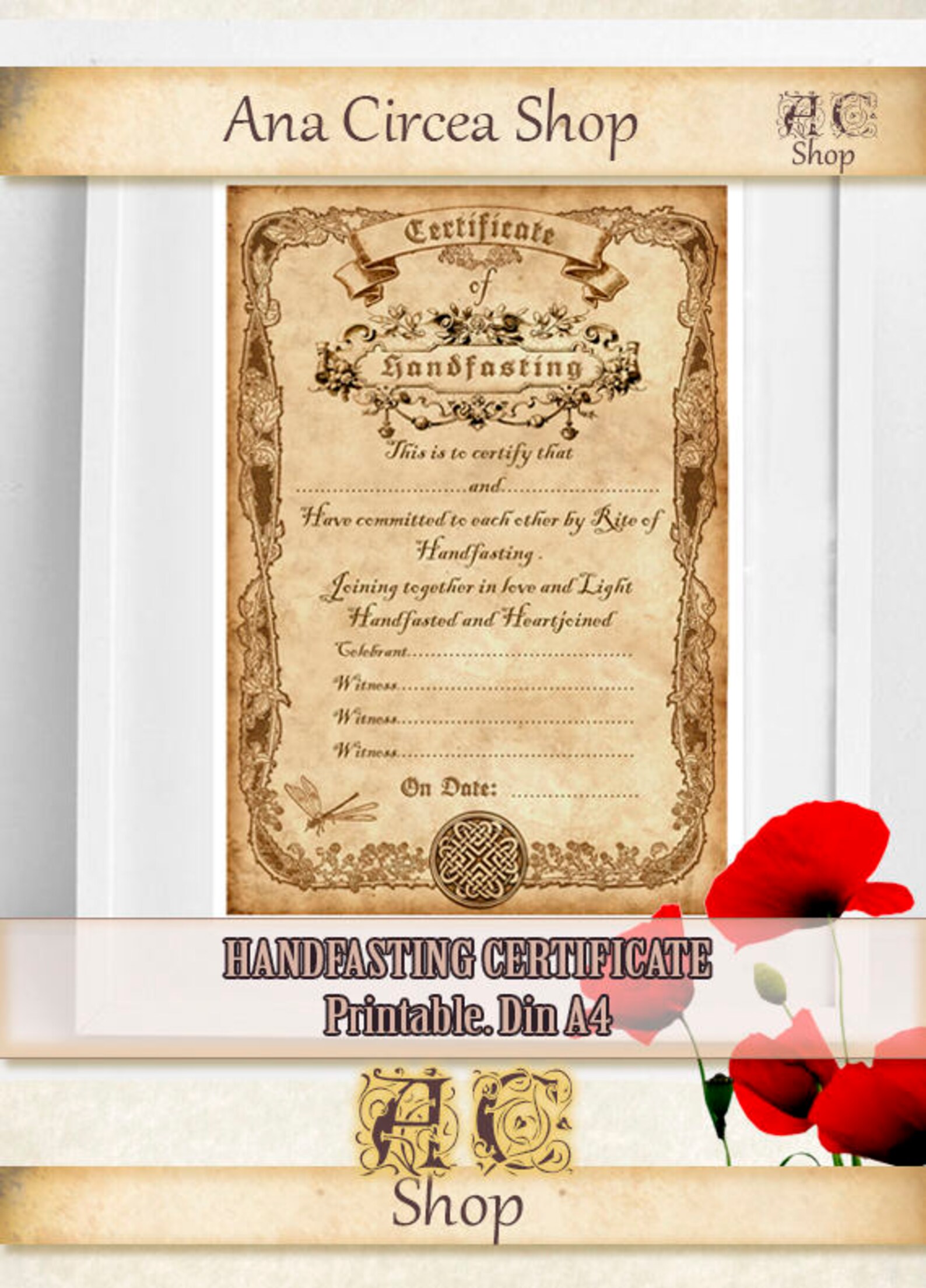 Printable Handfasting Certificate, Wiccan Wedding Gift (digital ...