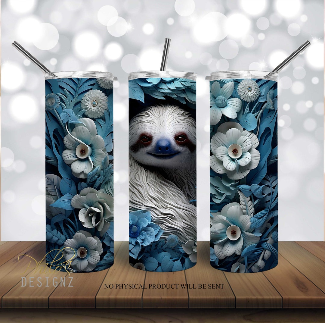 3D Sloth Floral Blue White Tumbler 20 Oz Skinny Tumbler Sublimation ...