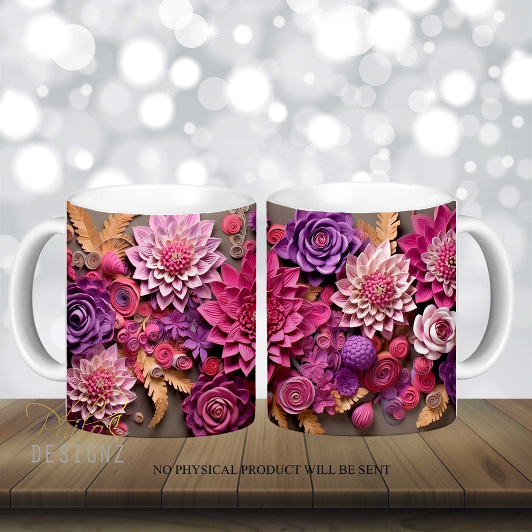 3D Dahlia Quilling Mug Wrap, 12 Oz and 15 Oz Mug Sublimation Design, 3D ...