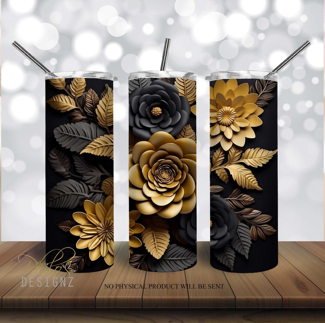 3D Black Gold Flowers 20 Oz Skinny Tumbler Sublimation Design, 3d ...