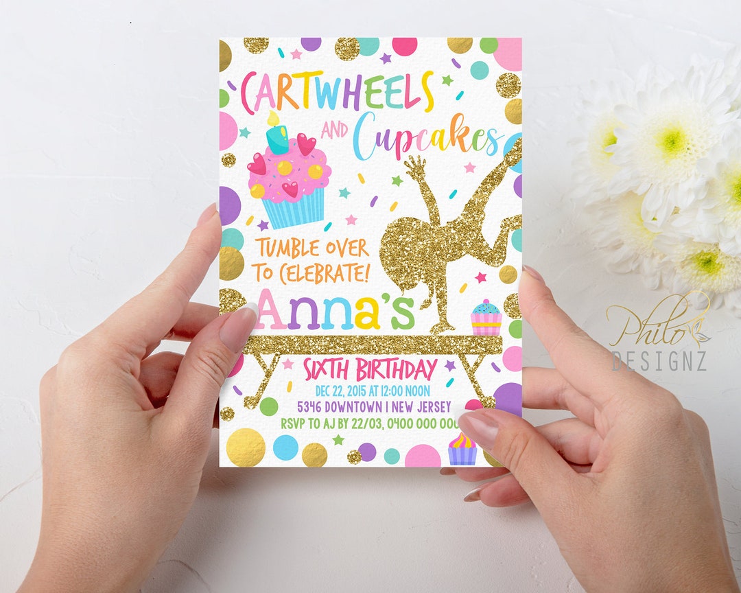 Cartwheels and Cupcakes Birthday Invitation, Gymnastics Party Invite ...
