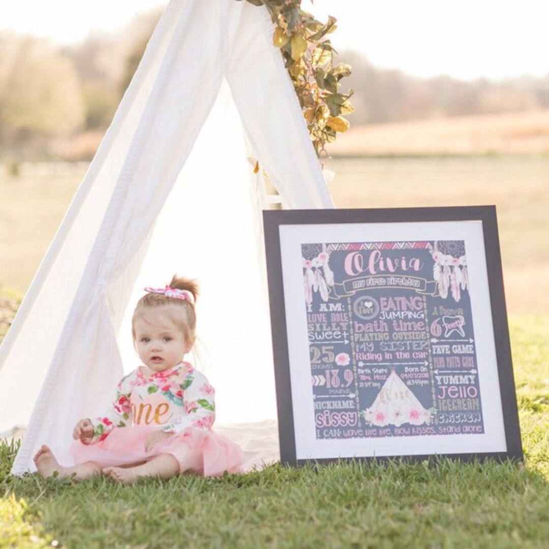 Tribal First Birthday Poster, Pink Gold Teepee Sign, Peach Gold Girl ...
