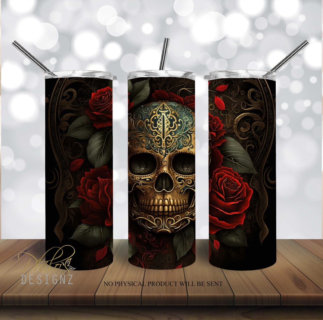 Gold Skull With Red Roses 20 Oz Skinny Tumbler Sublimation Design ...