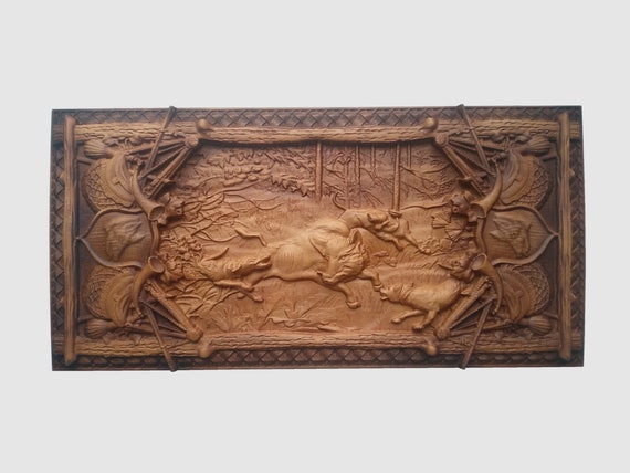 Wood Carved 3D Picture Art Relief Boar Hunting Panel Wall | Etsy