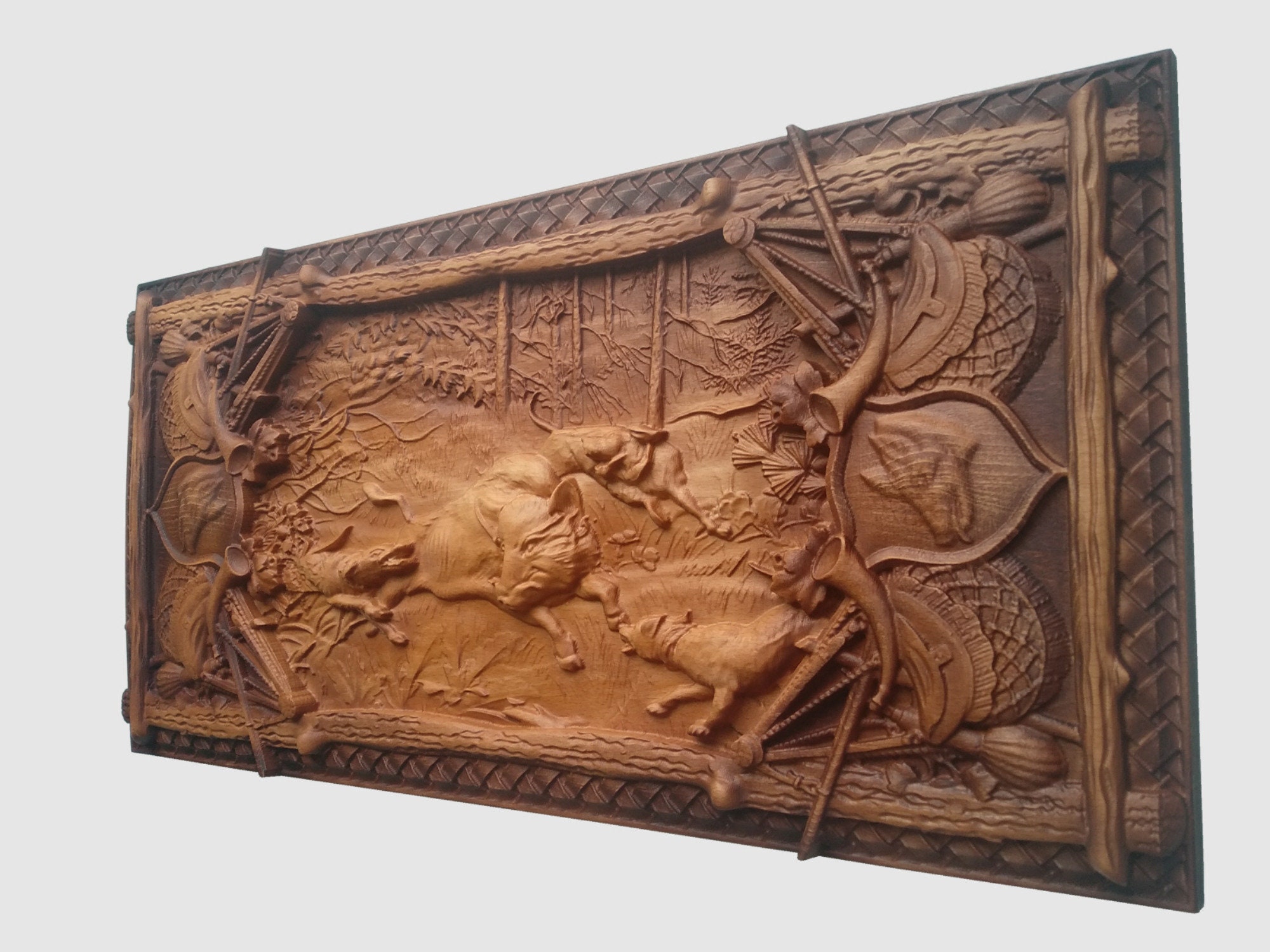 Wood Carved 3D Picture Art Relief Boar Hunting Panel Wall Decor Pano ...