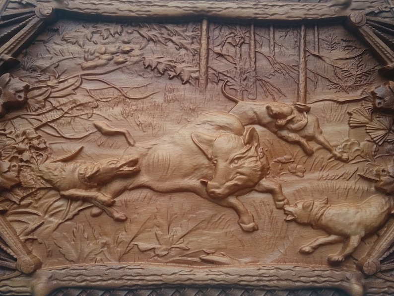 Wood Carved 3D Picture Art Relief Boar Hunting Panel Wall Decor Pano ...