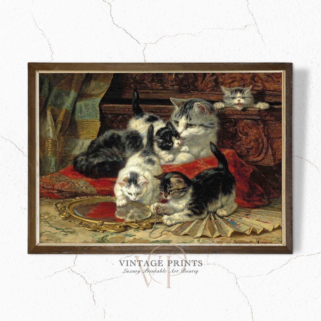 Antique Cat Painting | Kittens Print | Vintage Farmhouse Wall Art ...