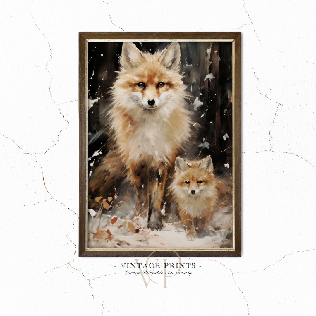 Mother and Baby Fox Running Through Winter Landscape | Whimsical ...