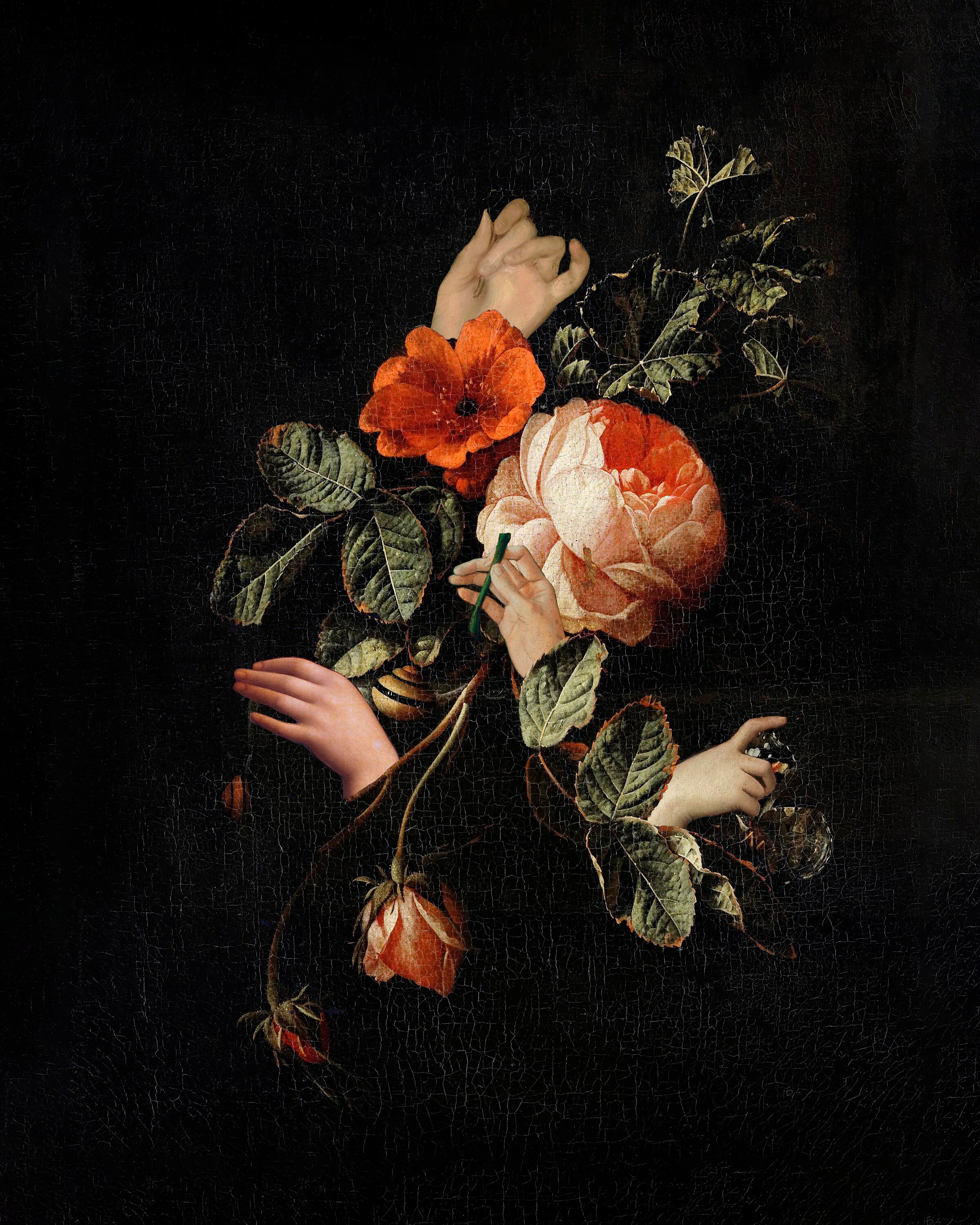 Dark Floral Still Life With Hands Surrealist Art Print | Etsy