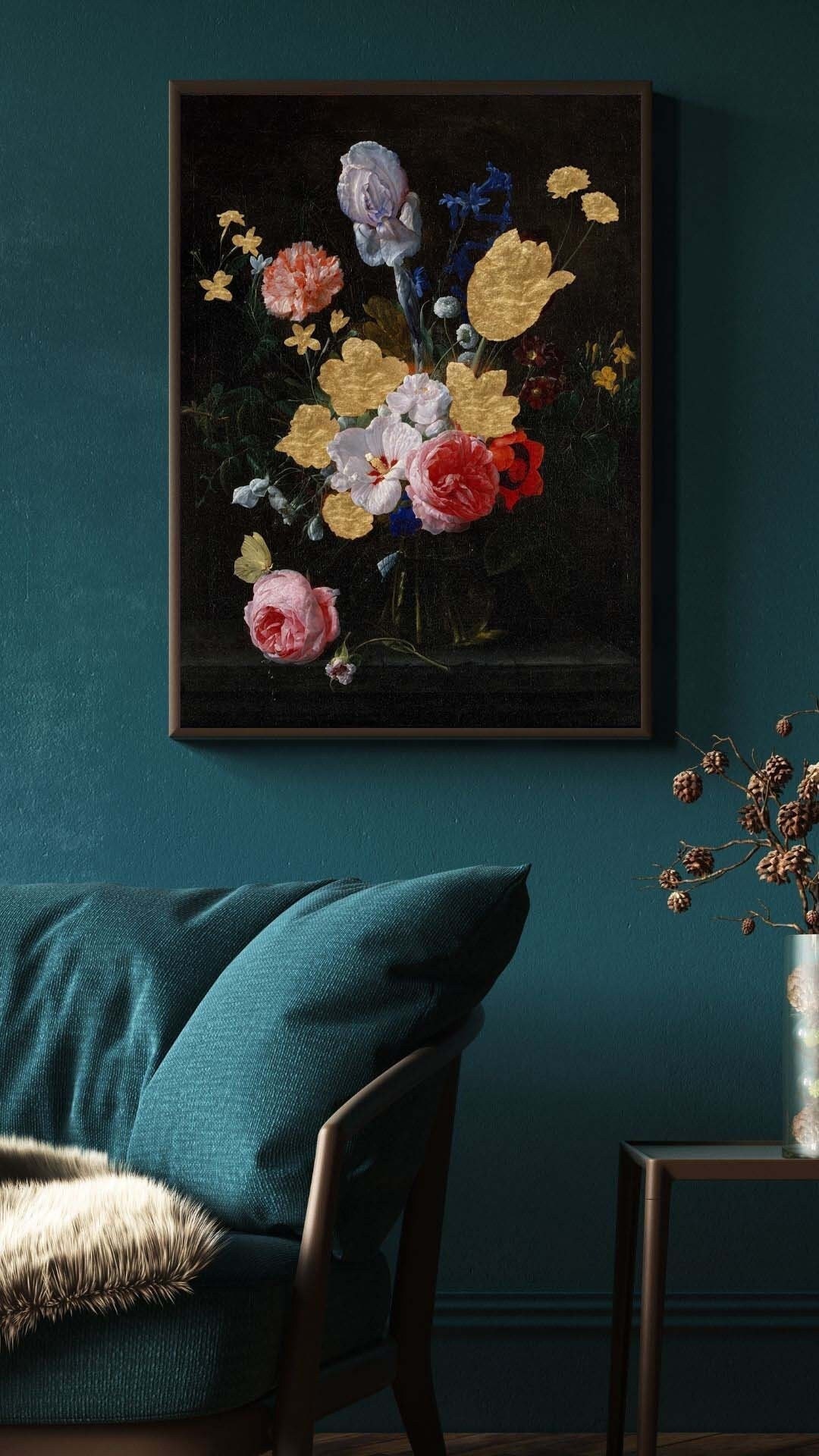 Gold Floral Still Life Painting Print, Dark Maximalist, Flower Bouquet ...