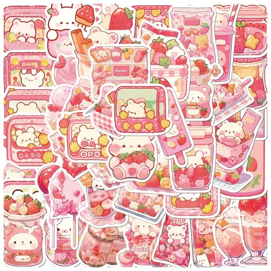 50 Pcs Pink Kawaii Rabbit Stickers, Cute Snacks Stickers Pack, Vinyl ...