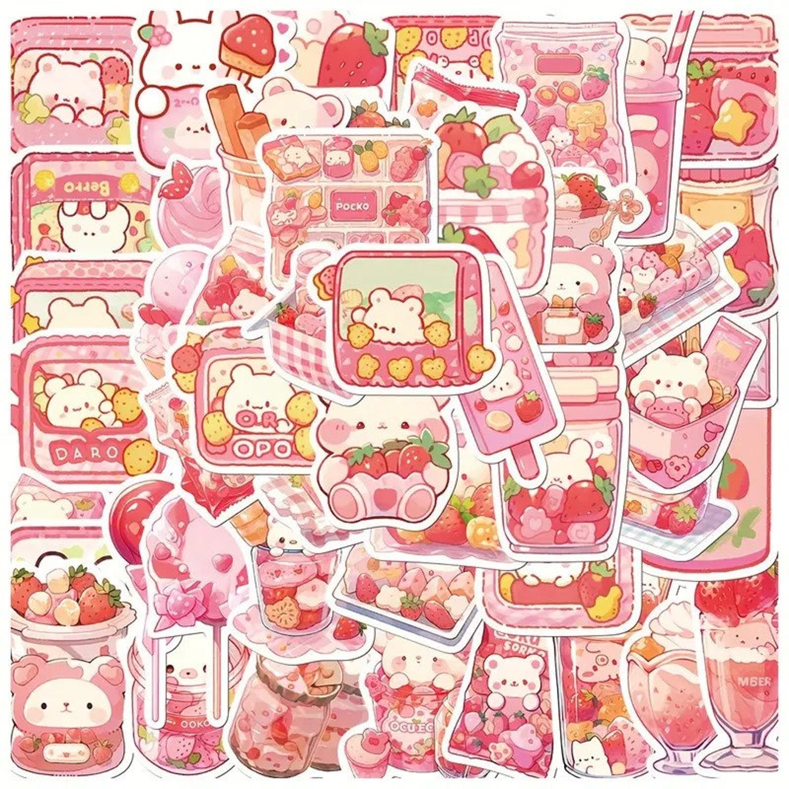 50 Pcs Pink Kawaii Rabbit Stickers, Cute Snacks Stickers Pack, Vinyl ...