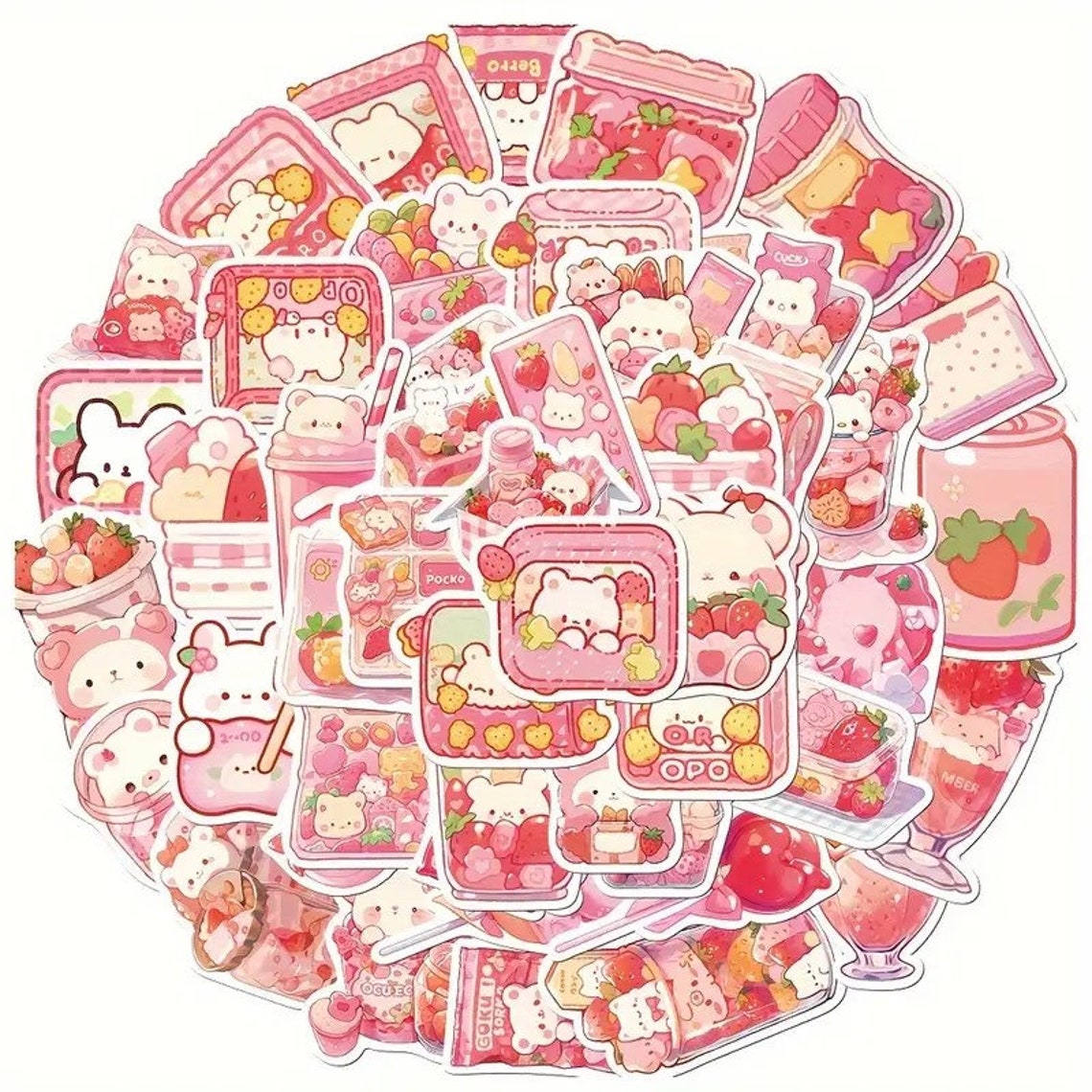 50 Pcs Pink Kawaii Rabbit Stickers, Cute Snacks Stickers Pack, Vinyl ...
