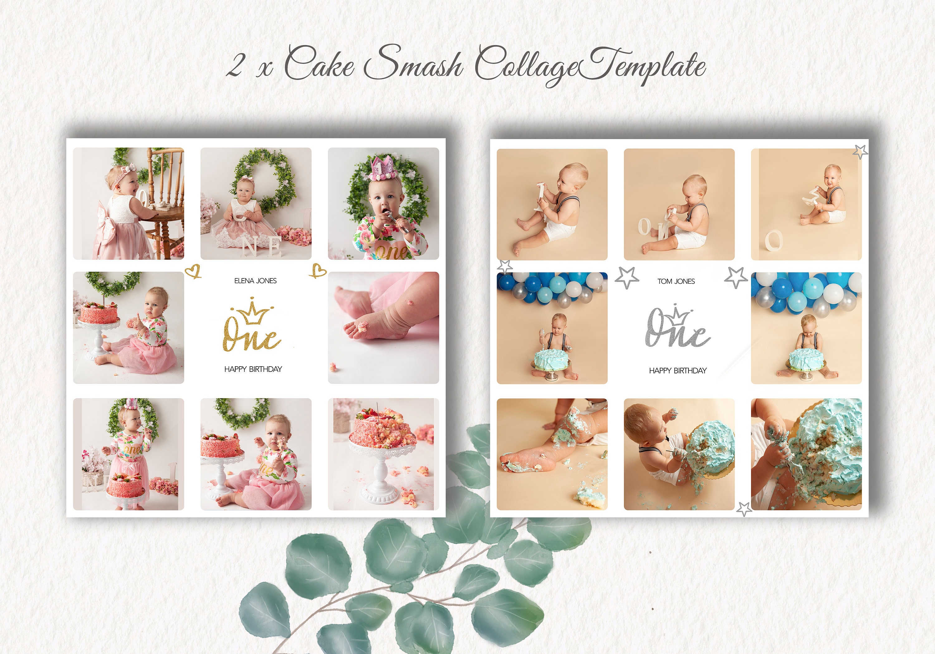 BUNDLE Digital Cake Smash Photo Collage Template, First Year, Photoshop ...