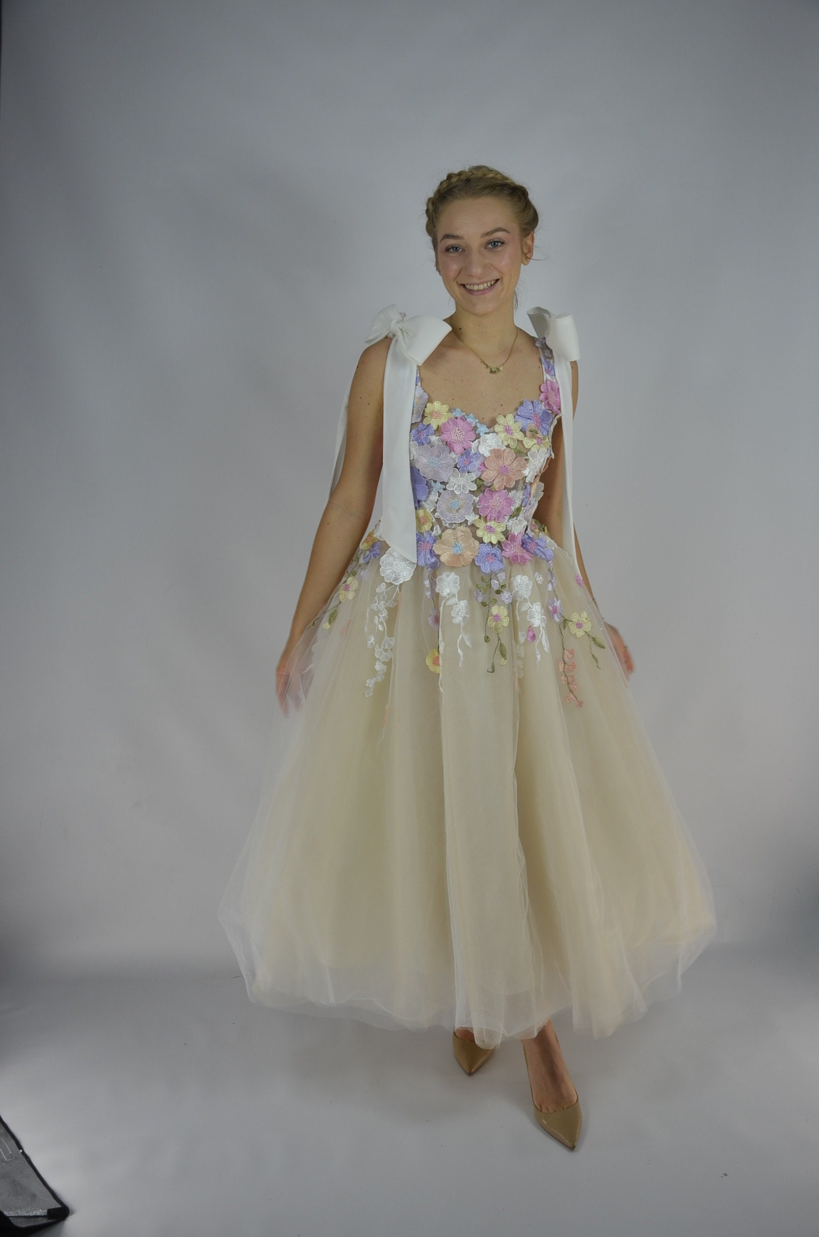 Tulle Corset Dress, Colorful 3D Flowers, Hand-decorated, Wedding ...
