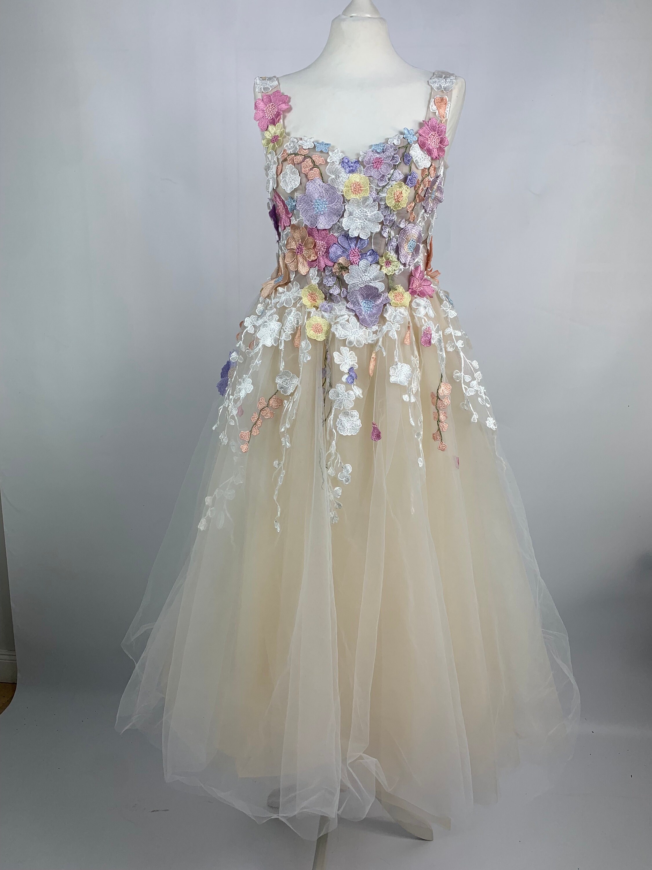 Tulle Corset Dress, Colorful 3D Flowers, Hand-decorated, Wedding ...