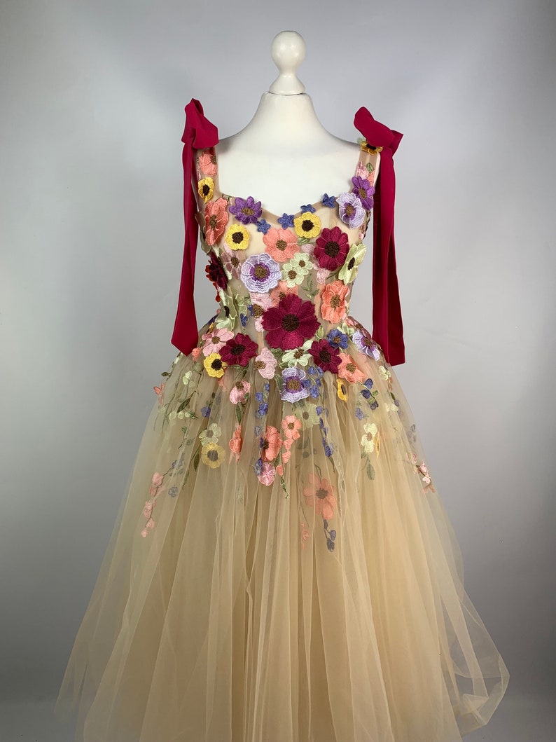 Tulle Corset Dress, Colorful 3D Flowers, Hand-decorated, Wedding ...