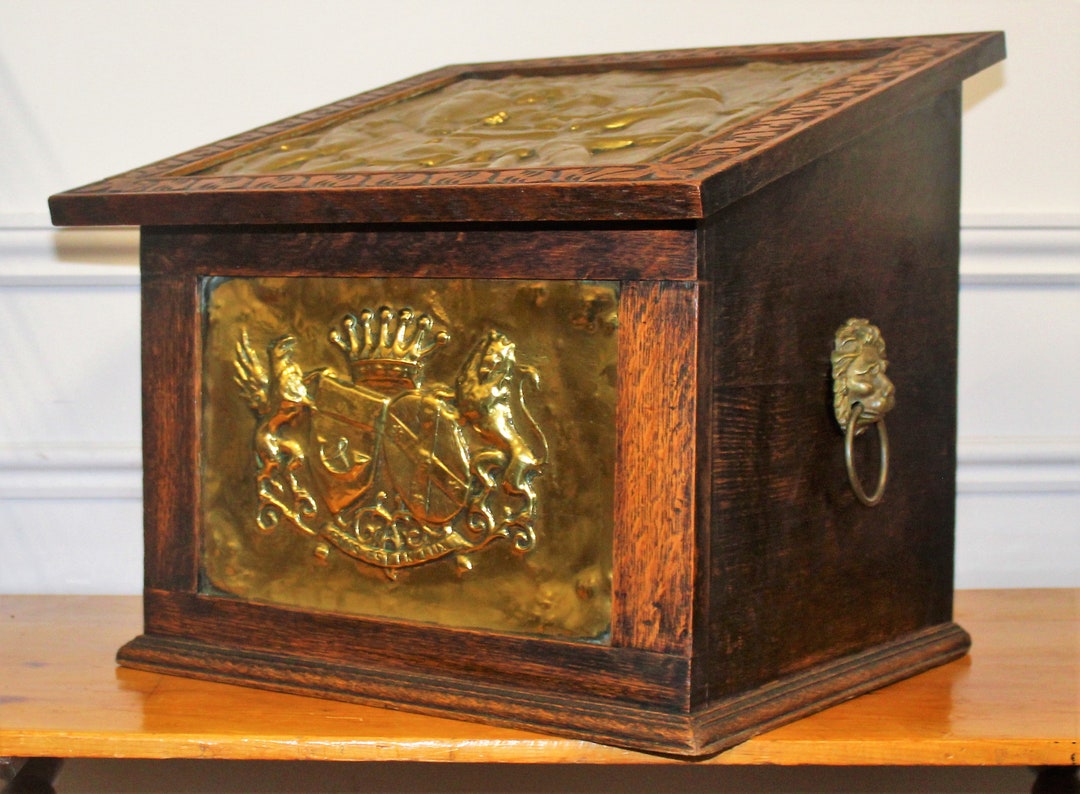 Antique Brass & Oak Coal Scuttle Box Liberty Fire Vintage Vintage Decor ...