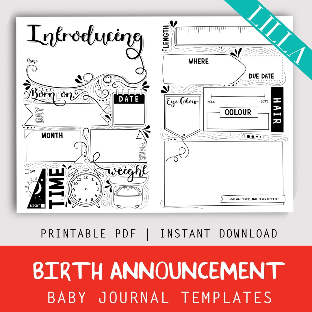 Printable Birth Announcement: Baby Memory Book Template (digital ...