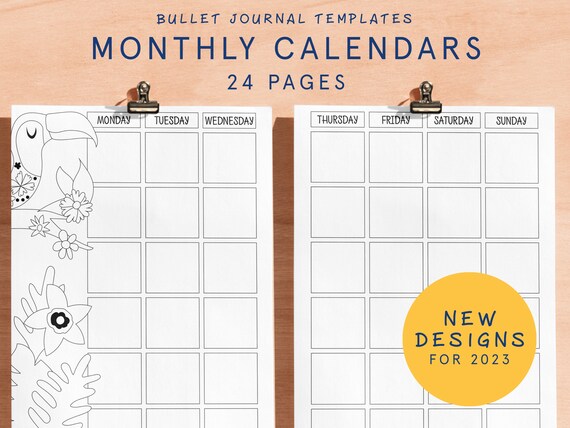 MONTHLY CALENDAR SPREADS Printable Bullet Journal Template - Etsy