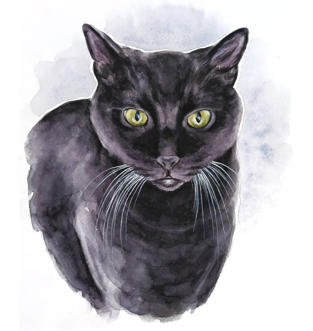 Custom Hand Painted Cat Portrait From Photo Watercolor Black Cat ...