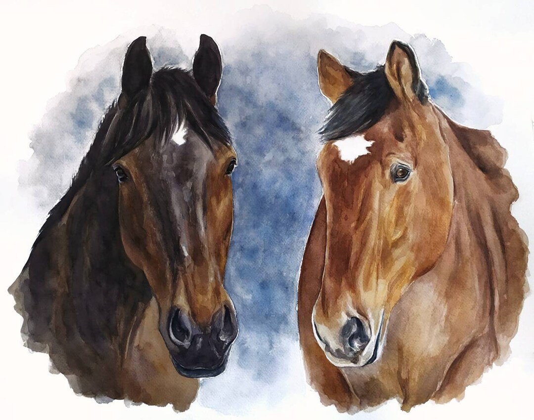 Custom Two Horses Portrait From Photo Personalized Horse Painting Horse ...