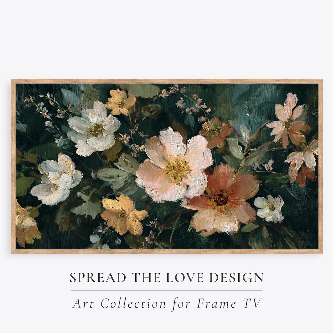 Flower Painting Frame TV Art, Antique Dark Green Peach Wildflower ...