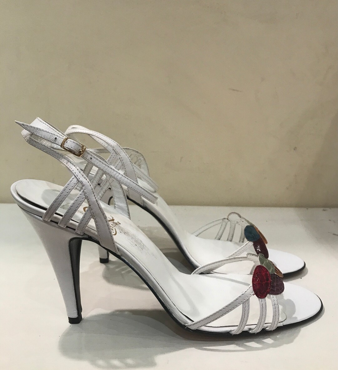 1980's: Sandals White Leather and Multicolored Python Made in Italy ...