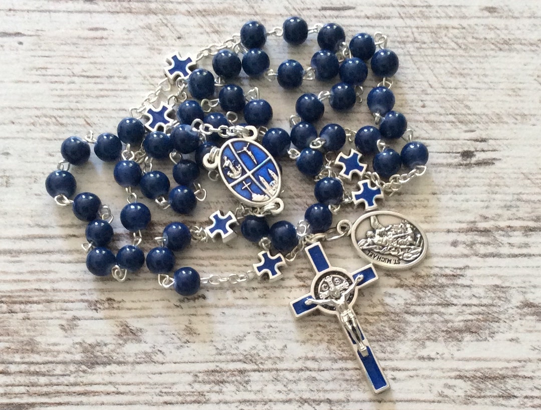 Blue Rosary Beads, Catholic Rosary, Blue Prayer Beads, St Michael Medal ...