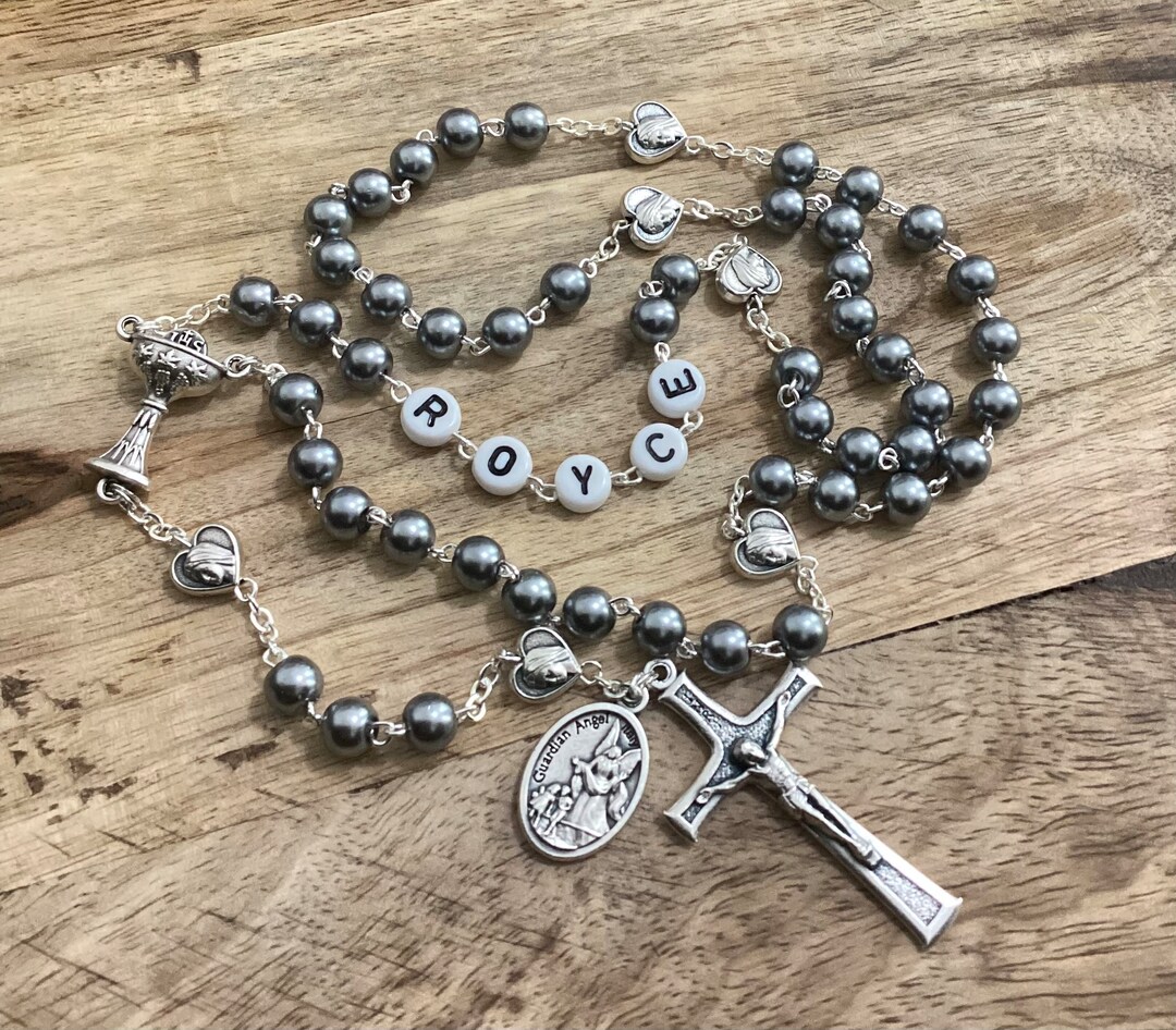 Personalized First Communion Rosary in Dark Blue and Silver Boy ...