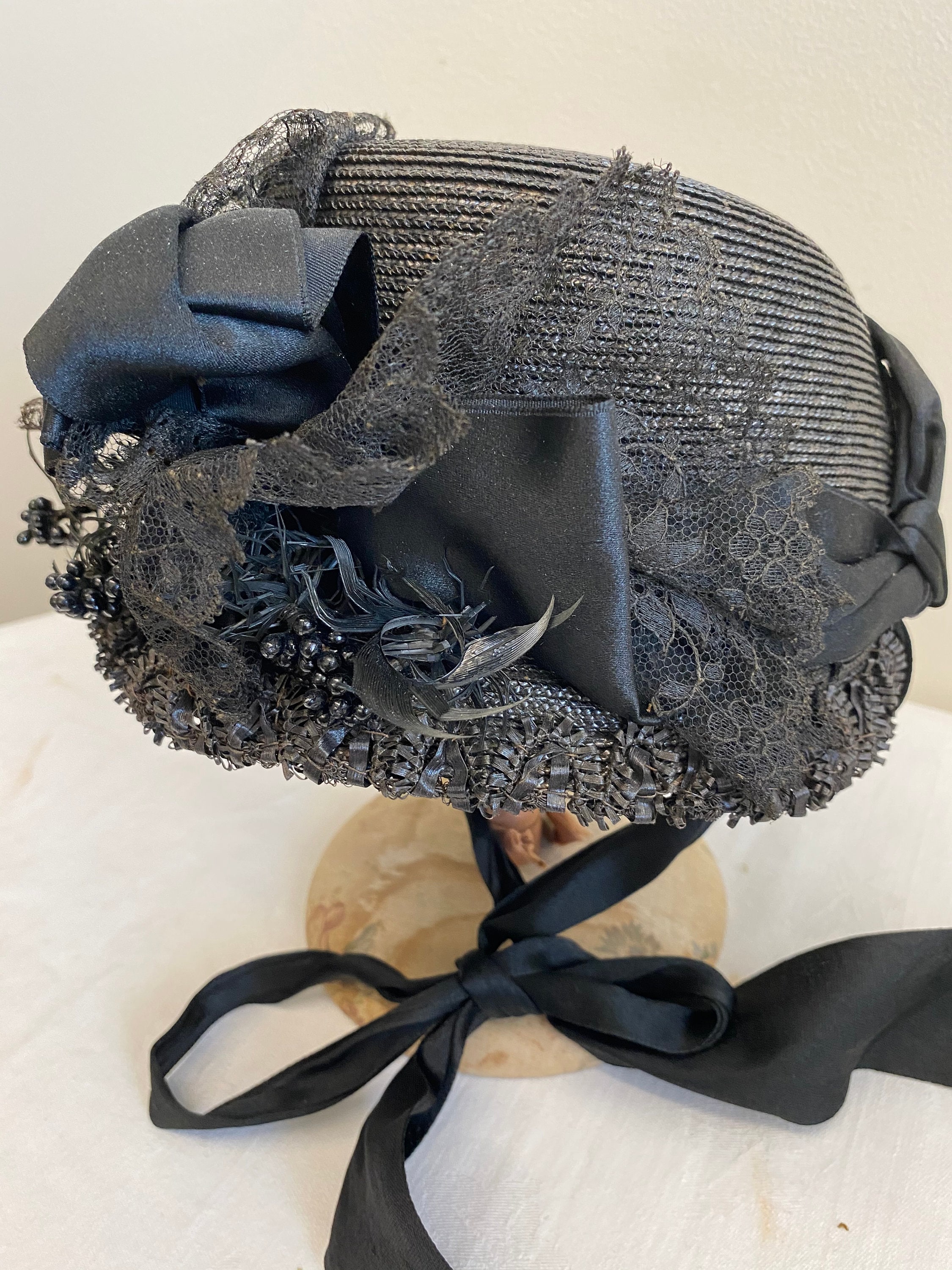 1880's Black Straw Mourning Bonnet With Satin Ribbon | Etsy