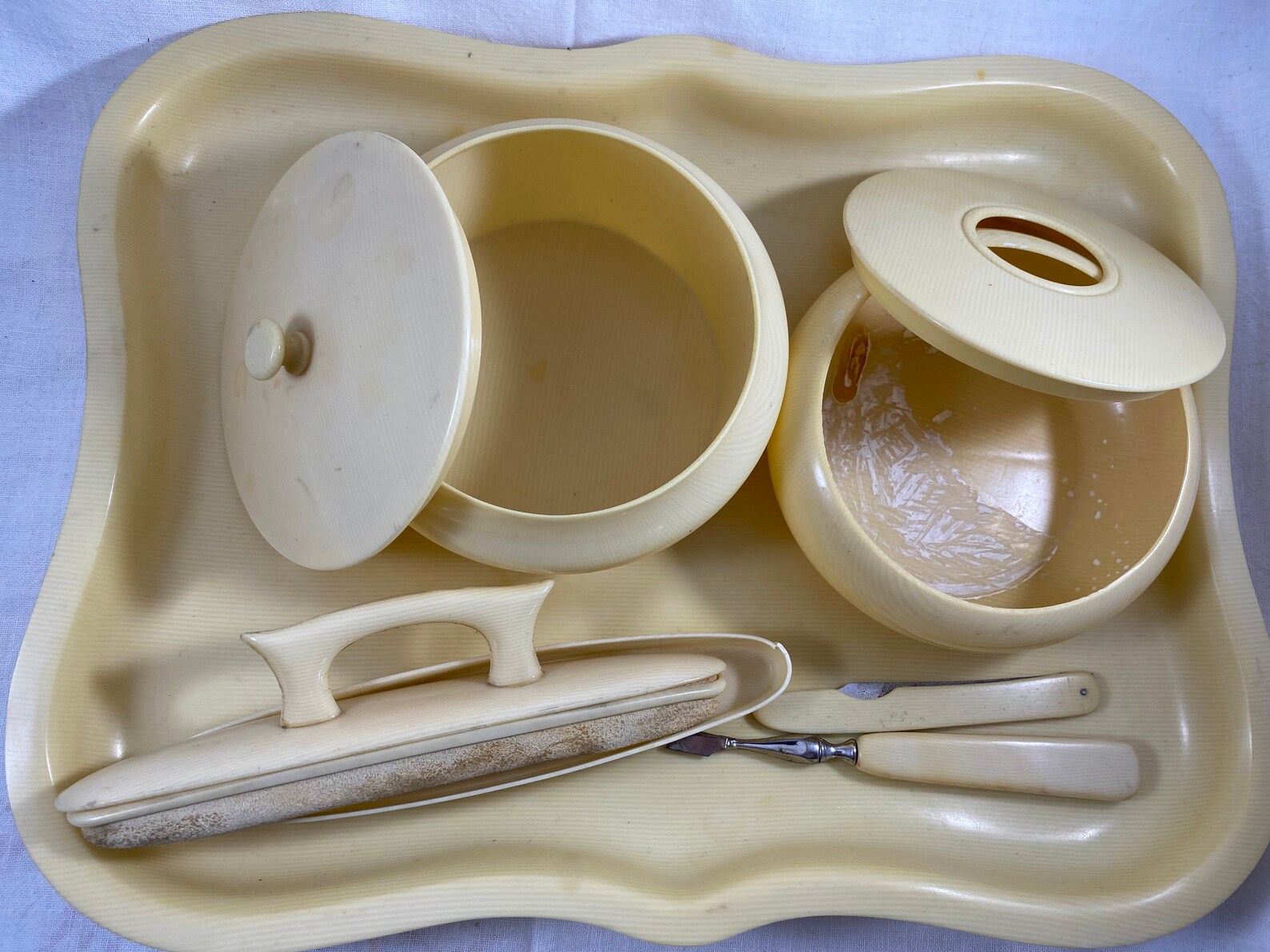 French Ivory Celluloid Pyralin Vanity Tray And Powder Boxes 6 | Etsy