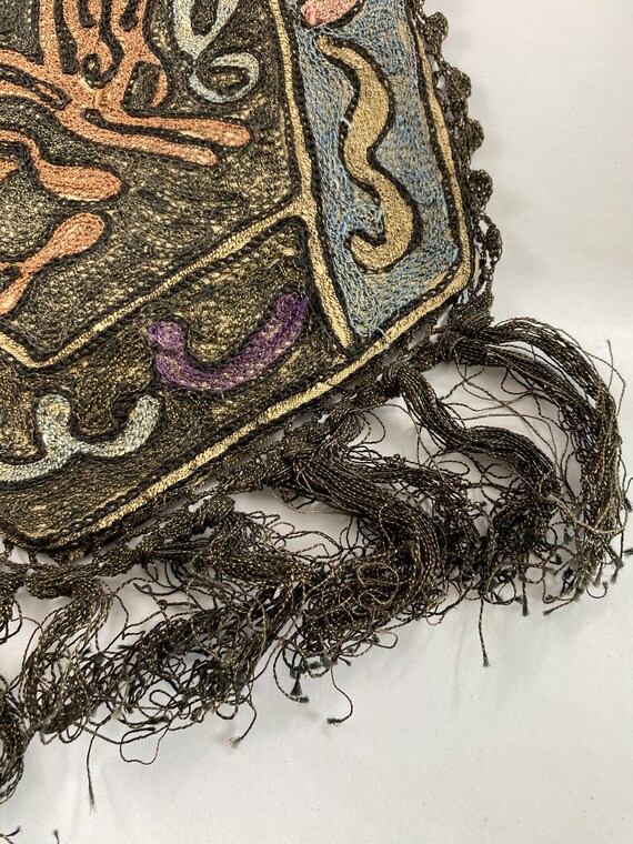 1920's Drawstring Purse With Pink/Blue/Grey Embroidery - Gem