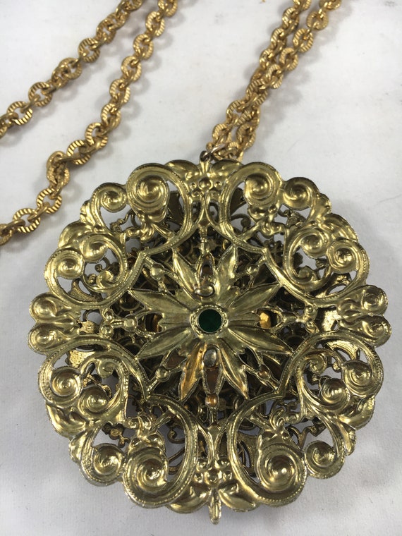 Gold Toned Repousse Circular Pendant - Gem