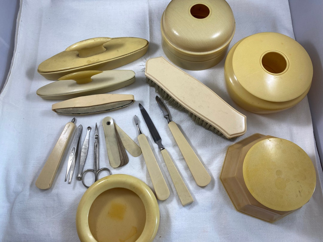15 Pieces Celluloid French Ivory Manicure Set Brushes Hair Receiver Etc ...
