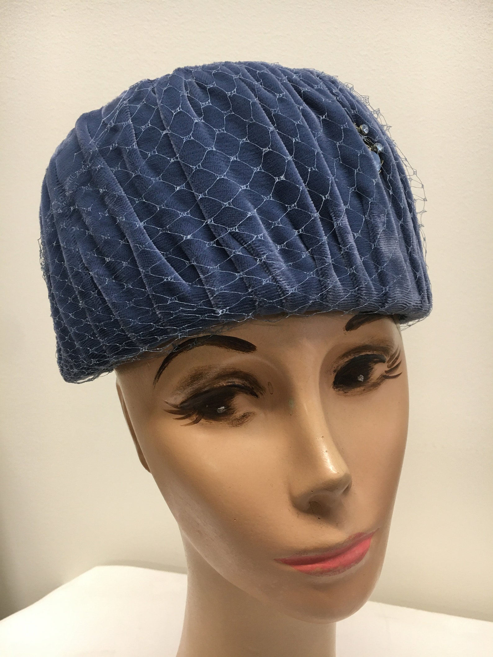 Vintage Slate Blue Velvet Toque with Netting | Etsy